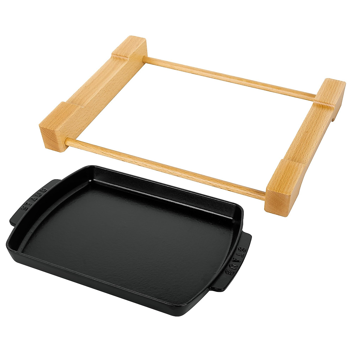Staub Cast Iron 13 x 9-inch Rectangular Serving Dish with Wood Base - Matte Black, Made in France