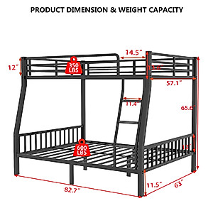 mikibama Full XL Over Queen Bunk,Metal Heavy Duty Bunk Beds for Adults,Queen Bunk Bed with Inclined Ladder,Industrial Bunkbeds for Kids,Adult,Small Spaces,Space Saving. (Black, Full XL Over Queen)