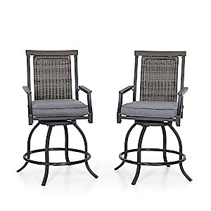 PHI VILLA Outdoor Swivel Bar Stools with Rattan Backrest and Wood-Like Armrest Set of 2, Bar Height Patio Chair with 3.5" Padded Grey Cushion,All Weather for Garden,Yard,Lawn