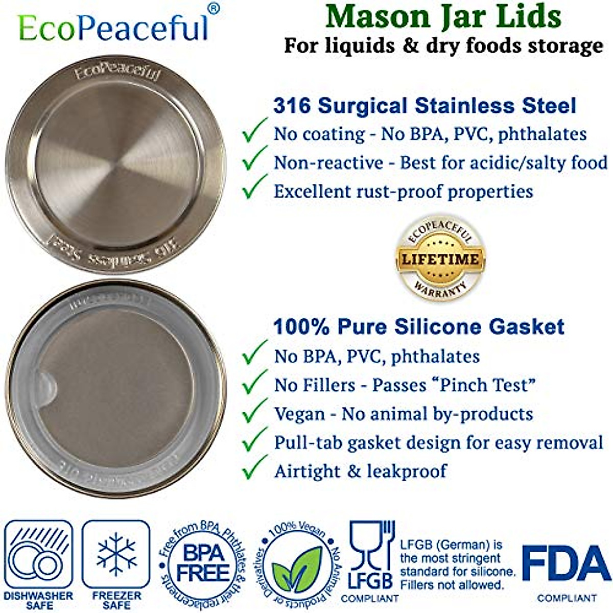 EcoPeaceful 316 Surgical Stainless Steel Mason Jar Lids WIDE Mouth -ORIGINAL DESIGN- Stackable w/Pull-Tab Silicone Seal. Rust-proof, Airtight, Leak-Proof, BPA-Free, PVC-Free, Vegan - Not for Canning