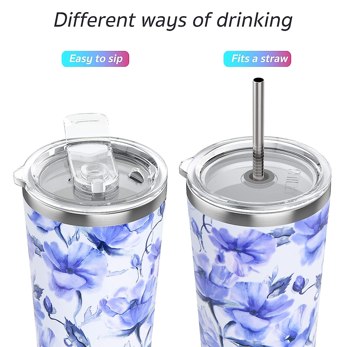 THILY Stainless Steel Tumbler Coffee Cup 20 oz Triple-Insulated Travel Mug with Splash-Proof Lid, for Ice Drinks and Hot Beverage Coffee Cup, Outdoor Gift for Women, Iridaceae