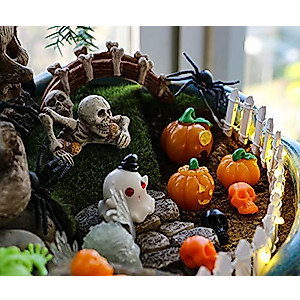 Miniature Halloween Fairy Garden Set - DIY Mini Halloween Garden Accessories Kit Fall Autumn Garden Ornaments Decors String Light Ghost Pumpkin Spiders Witch Skull Halloween Cake Dollhouse Decor