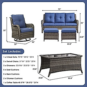Rilyson Wicker Patio Furniture Set - 6 Piece Rattan Outdoor Sectional Conversation Sets with 2 Swivel Rocking Chairs,2 Ottomans,1 Sofa and 1 Coffee Table for Porch Deck Garden(Mixed Grey/Blue)