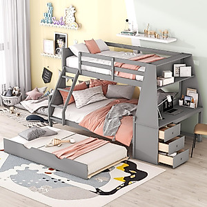 Twin Over Full Bunk Beds with Trundle and Desk Wood Bunk Bed Frame with Three Storage Drawers and One Shelf for Kids Boys Girls Teens, Gray