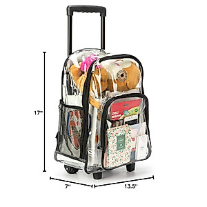 K-Cliffs Rolling Clear Backpack Heavy Duty Bookbag Quality See Through Workbag Travel Daypack Transparent School Book Bags with Wheels Black