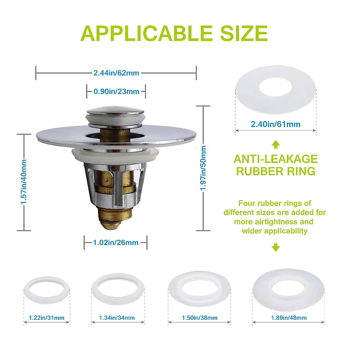 Universal Bathroom Sink Drain Stopper Replacement - Stainless Steel Drain Cover, with Brass Bullet Core, Drain Hair Catcher, Sleek Design, Drain Stopper, Push - Pop-Up Type