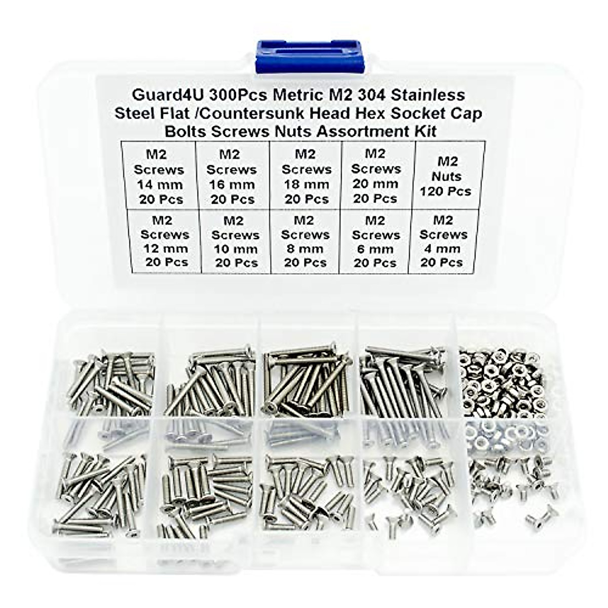 Guard4U 300Pcs Metric M2 304 Stainless Steel Flat/Countersunk Head Hex Socket Cap Bolts Screws Nuts Assortment Kit- M2x 4mm/ 6mm/ 8mm/ 10mm/ 12mm/ 14mm/ 16mm/ 18mm/ 20mm