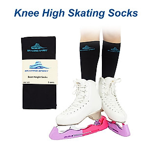 SkatingSpirit Figure Skating Socks (2 Pairs), Knee high, Extra wide cuff band non-slipping (Beige)
