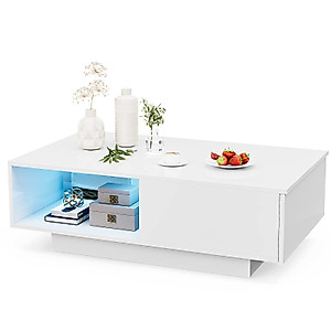 IKIFLY Modern LED Coffee Table with A Drawer, White High Glossy Coffee Table with 16 Colors LED Lights for Living Room