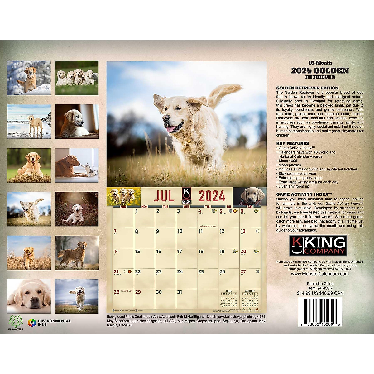 2024 Golden Retriever Wall Calendar 16-Month X-Large Size 14x22, Best Golden Retriever Dog Calendar by The KING Company-Monster Calendars