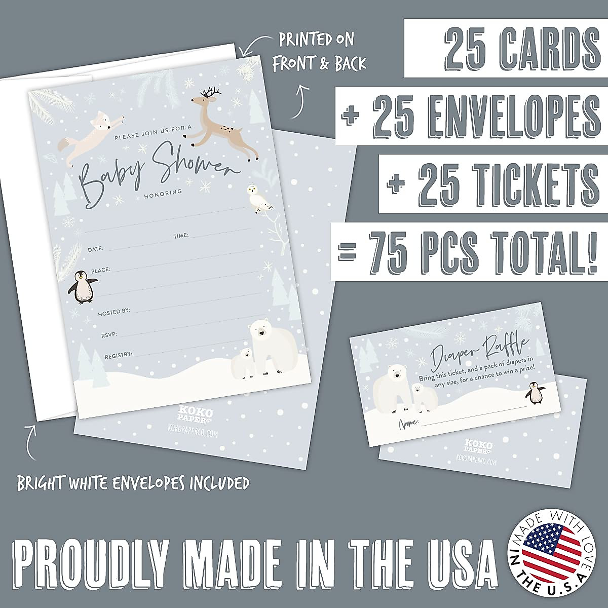 Koko Paper Co Snowy Winter Wonderland Baby Shower Invitations and Diaper Raffle Tickets | 25 Fill-in Invitations, 25 Bright White Envelopes and 25 Diaper Raffle Tickets | 75 pcs Total | Printed on Heavy Card Stock.