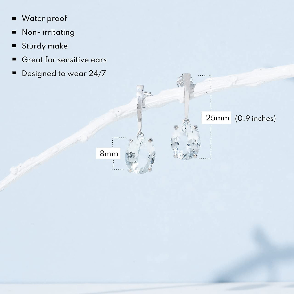 MAX + STONE 14k White Gold Solitaire Oval Cut Aquamarine Drop Dangle Earrings for Women with 10mm x 8mm March Birthstone and Push Back