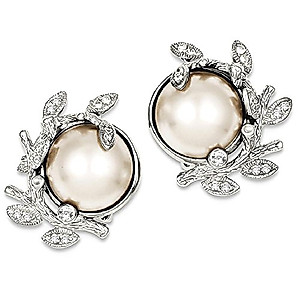 925 Sterling Silver Simulated Pearl Cubic Zirconia CZ Leaf Non Pierced Clip On Earrings
