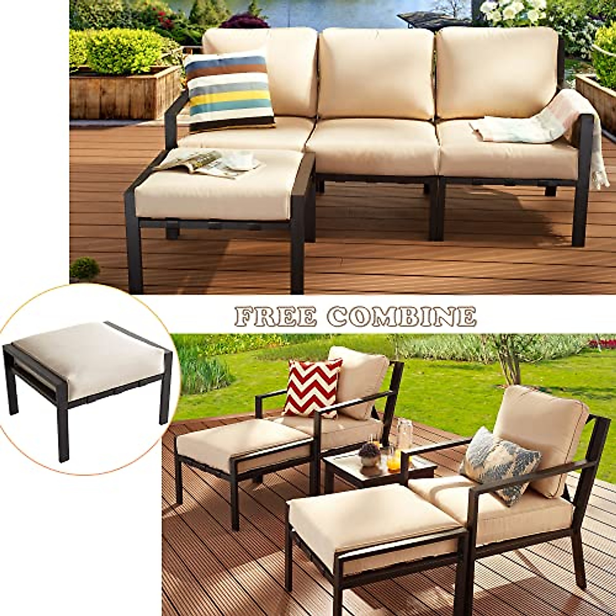 LOKATSE HOME Patio Ottoman Metal Cushion Foot Rest Modern Outdoor Furniture Small Seat for Garden Yard Deck Poolside, Beige