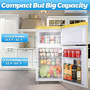 WANAI MIni Freezer 3.2 Cu.Ft Refrigerator 2 Door 7 Level Adjustable Thermostat Control Top-Freezer Refrigerator Lock Fresh Energy Saving Yellow