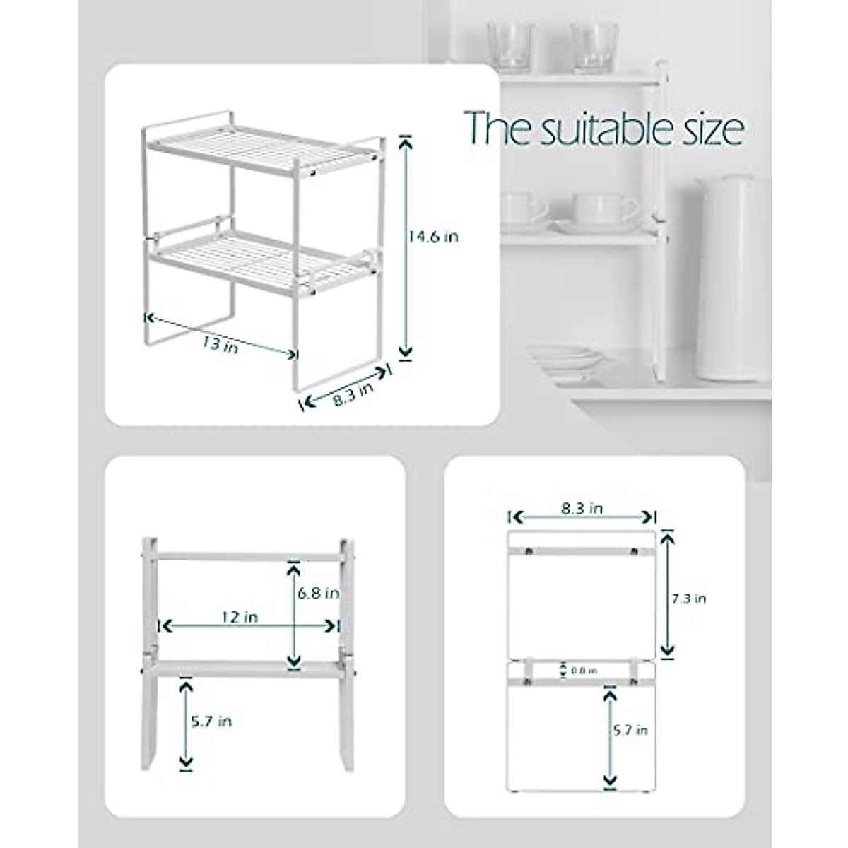 Shantton 2 Pack Kitchen Cabinet Shelf Counter Organizer Rack Pantry Storage Bathroom Bedroom Office Table Desk Space Saving Steel Frame Stackable Rust Resistant Non Slip White
