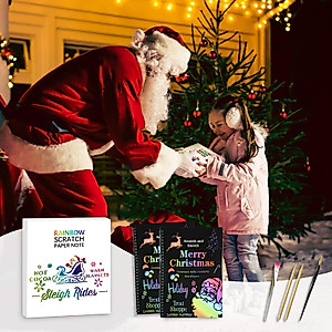 Christmas Scratch Paper Art Notebooks, 24 Piece Set of 14 Sheets Rainbow Magic Scratch Off Paper, 10 x 7 Inches, with 6 Xmas Stencils, 3 Scratcher Sticks, and 1 Cleaning Brush for Kid, Adult and more
