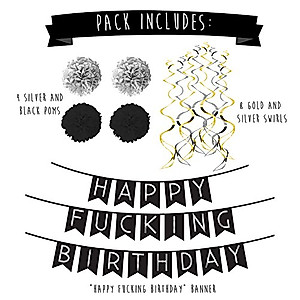 Funny Birthday Party Pack - Black & Silver Happy Birthday Bunting, Poms, and Swirls Pack- Birthday Decorations - 21st - 30th - 40th - 50th Birthday Party Supplies