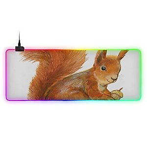 Large RGB Gaming Mouse Pad Squirrel Acorn On White Glowing Extended Mousepad 31.5x11.8in, Soft Anti-Slip Rubber Base Luminous Mouse Mat for Pc Laptop, Gaming, Office, Home