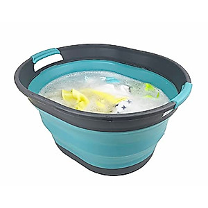 SAMMART 23L (6 Gallons) Collapsible Plastic Laundry Basket - Oval Tub/Basket - Foldable Storage Container/Organizer - Portable Washing Tub - Space Saving Laundry Hamper (Grey/Crystal Blue)