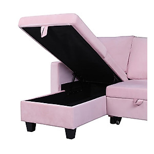 FANYE L-Shaped Reversible Corner Convertible Sectional Sofa with Pull Out Sleeper Couch Bed and Storage Chaise for Home Apartment Office Living Room, Pink Velvet Sofa&Couch, 82.5"