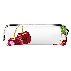 allgobee Pu Leather Pencil Bag Pen Case Watercolor-Cherries-Red-Berries Students Stationery Pouch Pencil Holder Desk Organizer
