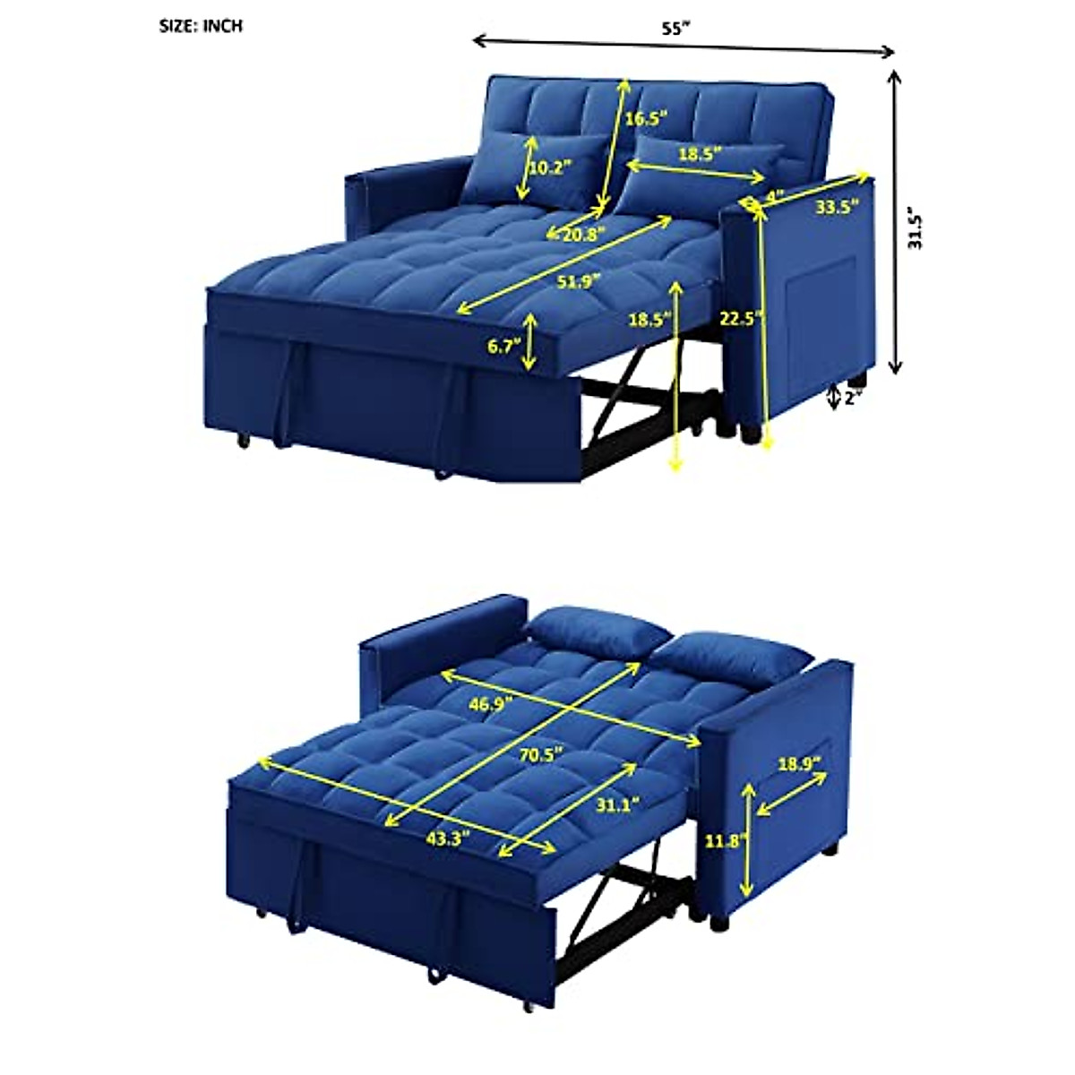 HABITRIO Loveseat with Pull-Out Sleeper Bed, Solid Wood Frame Blue Velvet Upholstered 55" 2-Seater Sofa Couch w/3-Position Reclining Backrest, 2 Side Pockets, 2 Pillows, Furniture for Living Room