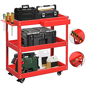 YITAHOME 3-Tier Tool Cart on Wheels, Rolling Metal Service Cart with Screwdriver Hanging Board & Storage Box, Heavy Duty Steel Utility Cart 400lbs Load Capacity for Mechanic Work Garage Warehouse Red