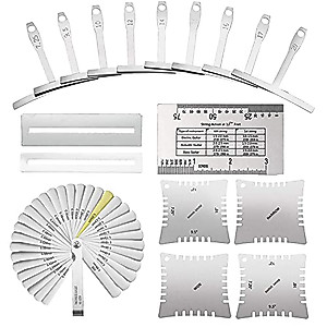 TIMESETL 17 Pcs Guitar Luthier Tools Including 4 Guitar Notched Radius Gauges, 9 Understring Radius Gauge Luthier Tools, 32 Blades Feeler Gauge, String Action Gauge Ruler and 2 Fingerboard Guards