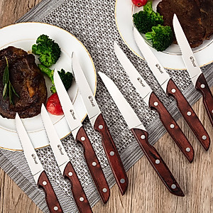 Fashionwu Serrated Steak Knife Set of 8, Stainless Steel Serrated Steak knives with Wood Handle, Sharp Knife for Cutting Meat, Fine Edge Steak Knife Set, Rust Resistant