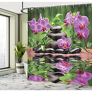 Ambesonne Spa Shower Curtain, Basalt Stones and Orchid Reflecting on Water Greenery Wellbeing Tropical, Cloth Fabric Bathroom Decor Set with Hooks, 69" W x 70" L, Green Fern