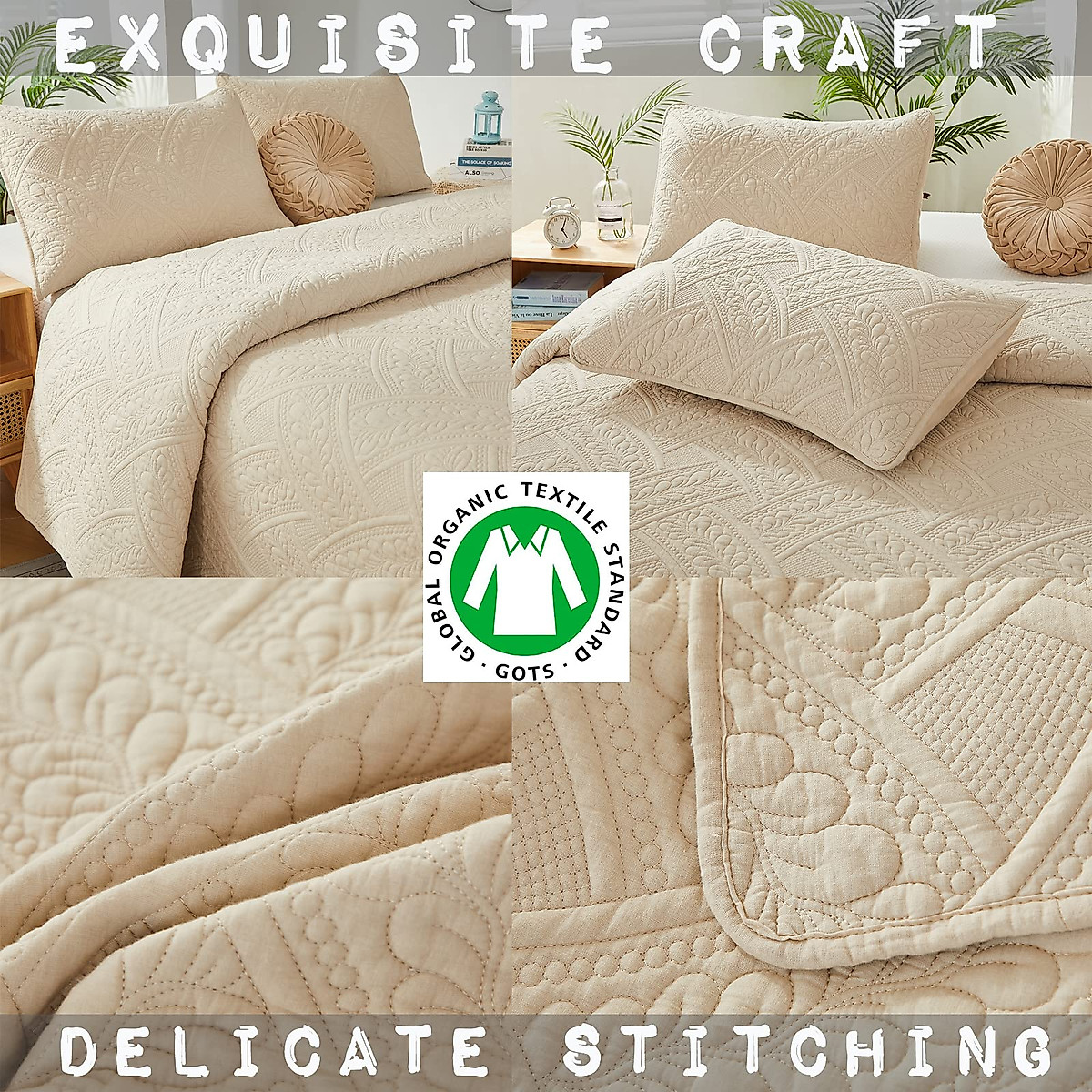 Brandream Queen Size Quilt Sets Cotton Beige Quilt Set Farmhouse Bedding Matelasse Quilted Bedspreads Coverlet Set Queen Full Size