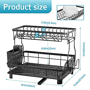 Ricobes Dish Drying Rack - 2 Tier Large Capacity Dish Rack- Dish Racks for Kitchen Counter with Drainboard, Rustproof Dish Drainer with Removable Utensil Holder,Cutting Board Holder,Cup Holder, Black