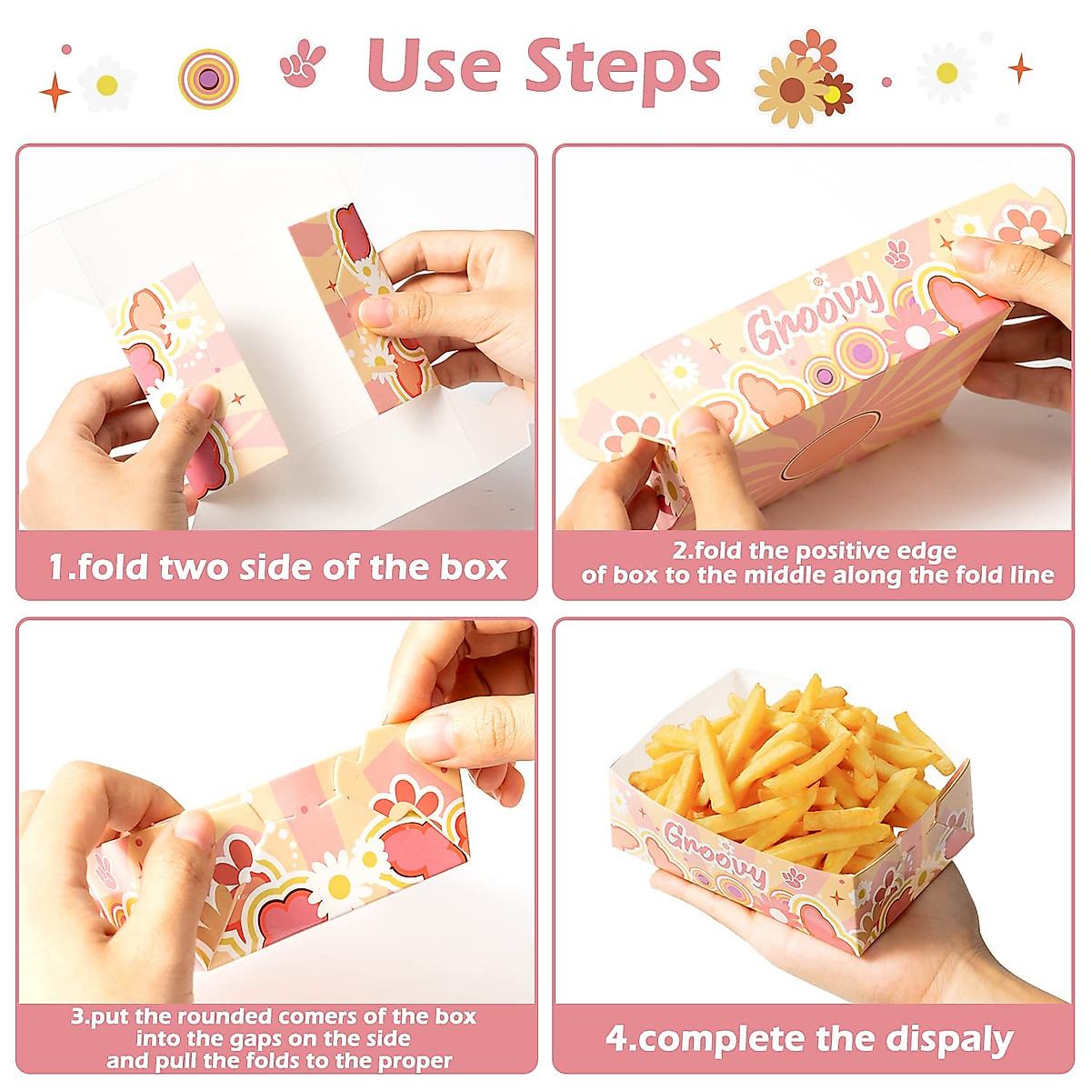 BkeeCten 50PCS Groovy Retro Hippie Party Favors Food Tray Boho Daisy Flower Disposable Paper Food Boat Groovy Rainbow Nacho Hot Dog Food Serving Tray for Girls Birthday Baby Shower Picnic Supply