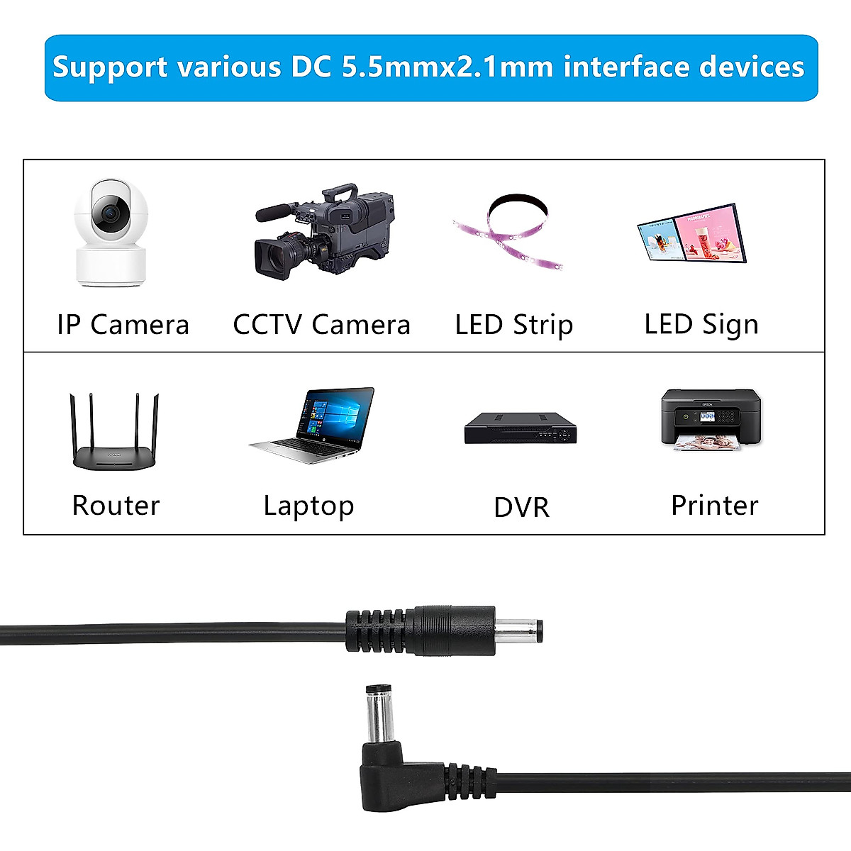 GINTOOYUN Right Angle DC to DC Male Power Cable,22AWG DC 5.5MM x 2.1MM Male to 90 Degree DC Male Plug Patch Wire Adapter Extension Cord for Strip Lihgt,CCTV,Car,Monitors,etc(2 Pcs)