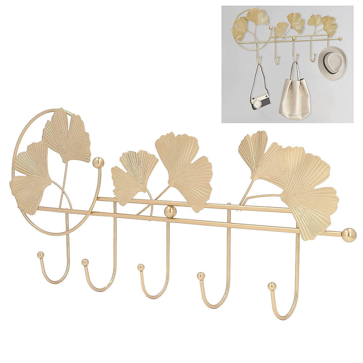 Coat Rack Wall Mount, Gold Ginkgo Leaf Shaped Coat Hanger Wall Hooks for Keys Hat Towel Purse Robes Jacket Clothes