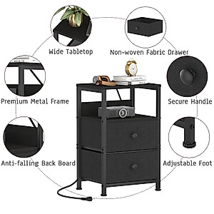 OELUBBY Nightstand with Charging Station & USB Ports, End Table with Fabric Drawers Storage Shelf, Sofa Bed Side Table Night Stand for Bedroom Living Room, Black