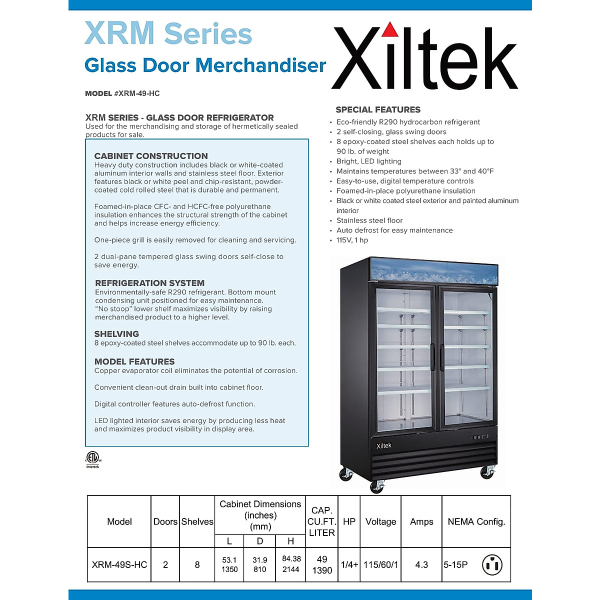 Xiltek Large Capacity Glass Front Double Door Display Cooler - Merchandiser Refrigerator- 45 Cu Ft