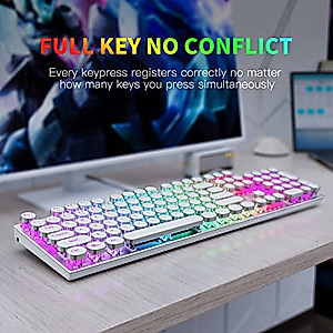 HUO JI E-Yooso Z-88 Mechanical Gaming Keyboard Wired Typewriter Style with Programmable RGB Backlit Clicky Blue Switches Retro Round Keycap Metal Panel for Mac/PC, White
