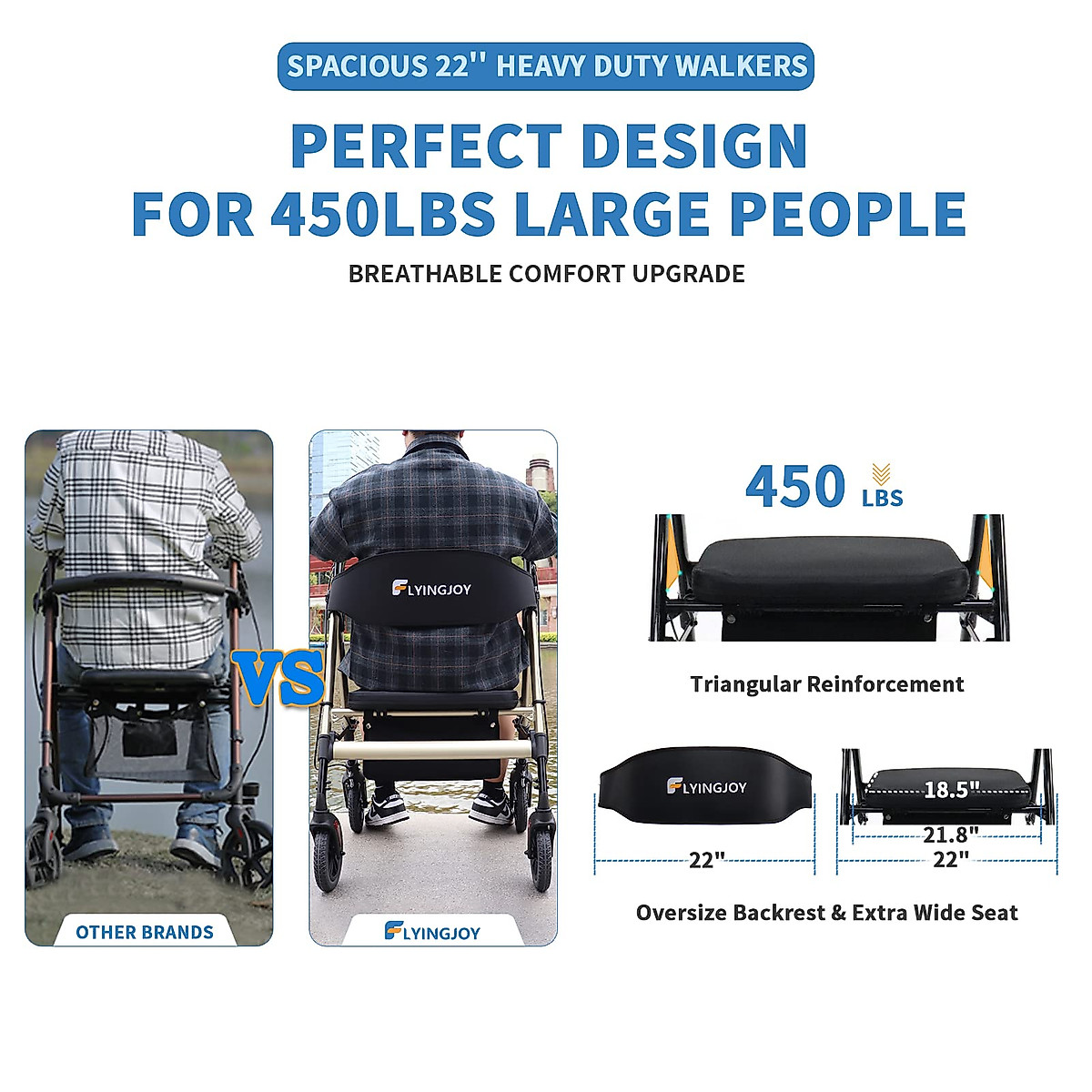 FlyingJoy Heavy Duty Rollator Walker for 450 lbs Large People, 4-Wheels Folding Rolling Walker with Extra Spacious Seat, NOT for Standard Door 26" Wide, a bit Bulky for Lightweight Elderly (Black)