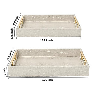 SwallowLiving Set of 2 Wood Serving Tray with Gold Polished Metal Handles Ivory Shagreen Decorative Tray PU Leather with Brushed Gold for Coffee Table Ottoman Console Table