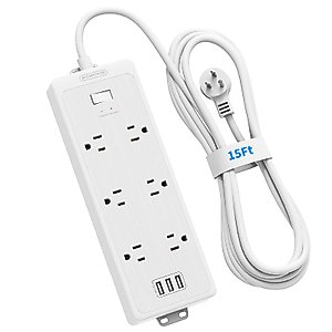 15 FT Extension Cord Surge Protector Power Strip 6 Super Wide Spaced Outlets, NTONPOWER Flat Plug Surge Protector Wall Mount with 3 USB, 1875W, 15A, 1700 Joules, Overload Protection for Home Office