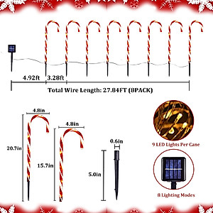 BRIGHTDECK Christmas Solar Candy Cane Pathway Lights, 8 Pack 21“ Outdoor LED Christmas Decorative Marker Lights, Light Up Solar Stake Lights for Holiday, Xmas, Walkway, Sidewalk, Garden,Yard（Red）