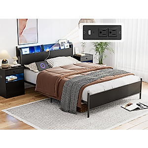 AOVSA Queen Bed Frame with LED Lights and Charging Station, Queen Platform Bed with Storage Shelf Headboard, Strong Metal Slats Support, No Box Spring Needed, Noise Free, Easy Assembly - Black