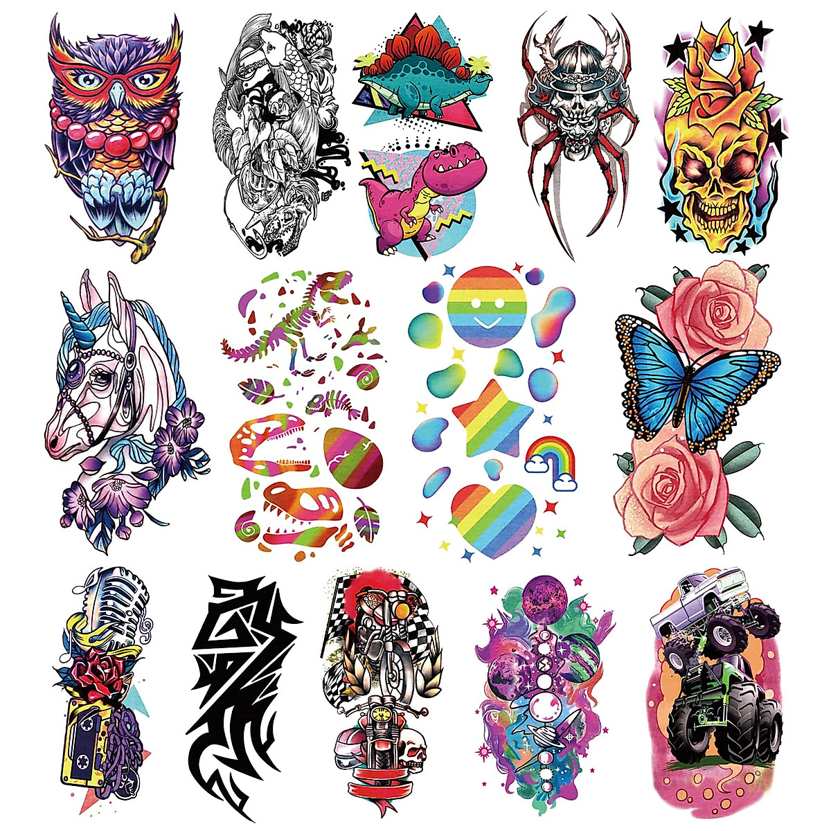 52 Sheets Kids Full Arm Temporary Tattoo, Fake Tattoos Sticker for Kids, Dinosaur Monster Car Planet Spider Shark Fake Tattoo for Boy, Unicorn Princess Castle Dolphins Temporary Tattoos for Girl