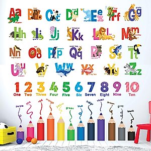 DECOWALL SG3-2316 Alphabet Numbers and Colouring Pencils Wall Stickers Decals Classroom Kids playroom Art Play Room Rainbow ABC Decorations Toddler Color Child Preschool Living Baby Girl Baby boy