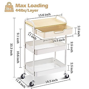 TOOLF 3-Tier Utility Rolling Cart with Wooden Board and Drawer, Metal Storage Cart with Handle, White Trolley Kitchen Organizer Rolling Desk with Locking Wheels for Office, Classroom, Home, Bedroom