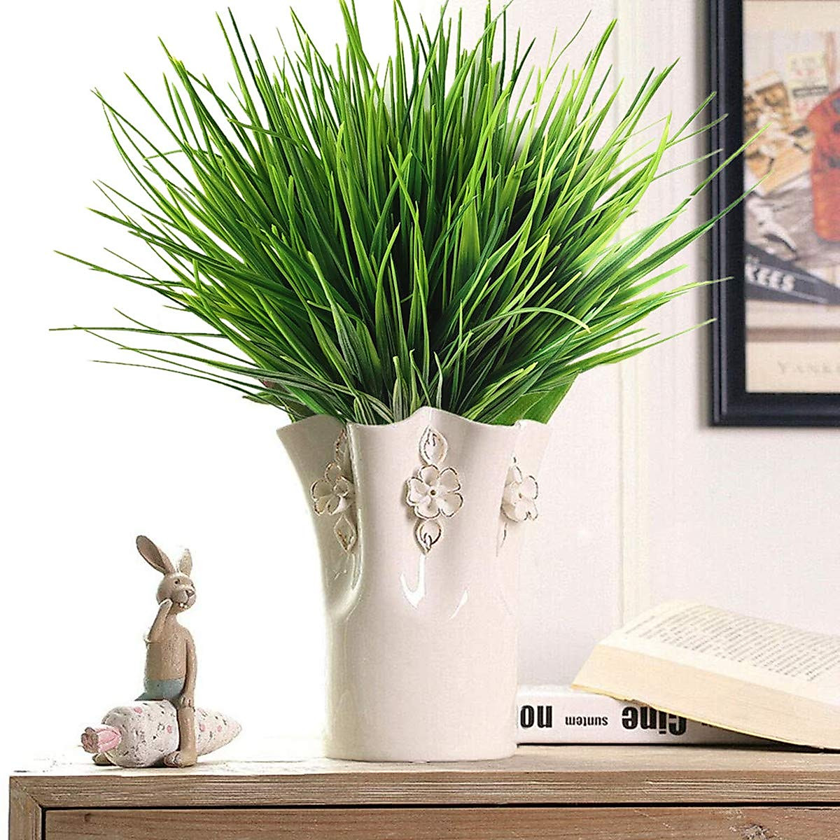 Artificial Plants, Fake Plastic Greenery Faux Shrubs Bushes Wheat Grass Outdoor Window Box Verandah Hanging Planter Decor Indoor Outside Home Garden UV Resistant Wedding DIY Decoration - 4 Pcs