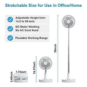 Yivandi Rechargeable Foldable/Foldaway Fan with 7200MAH Battery Operated, Working Time 6~24 Hours Stretchable Quiet Floor Fan for Bedroom and Home W/O Remote Controller