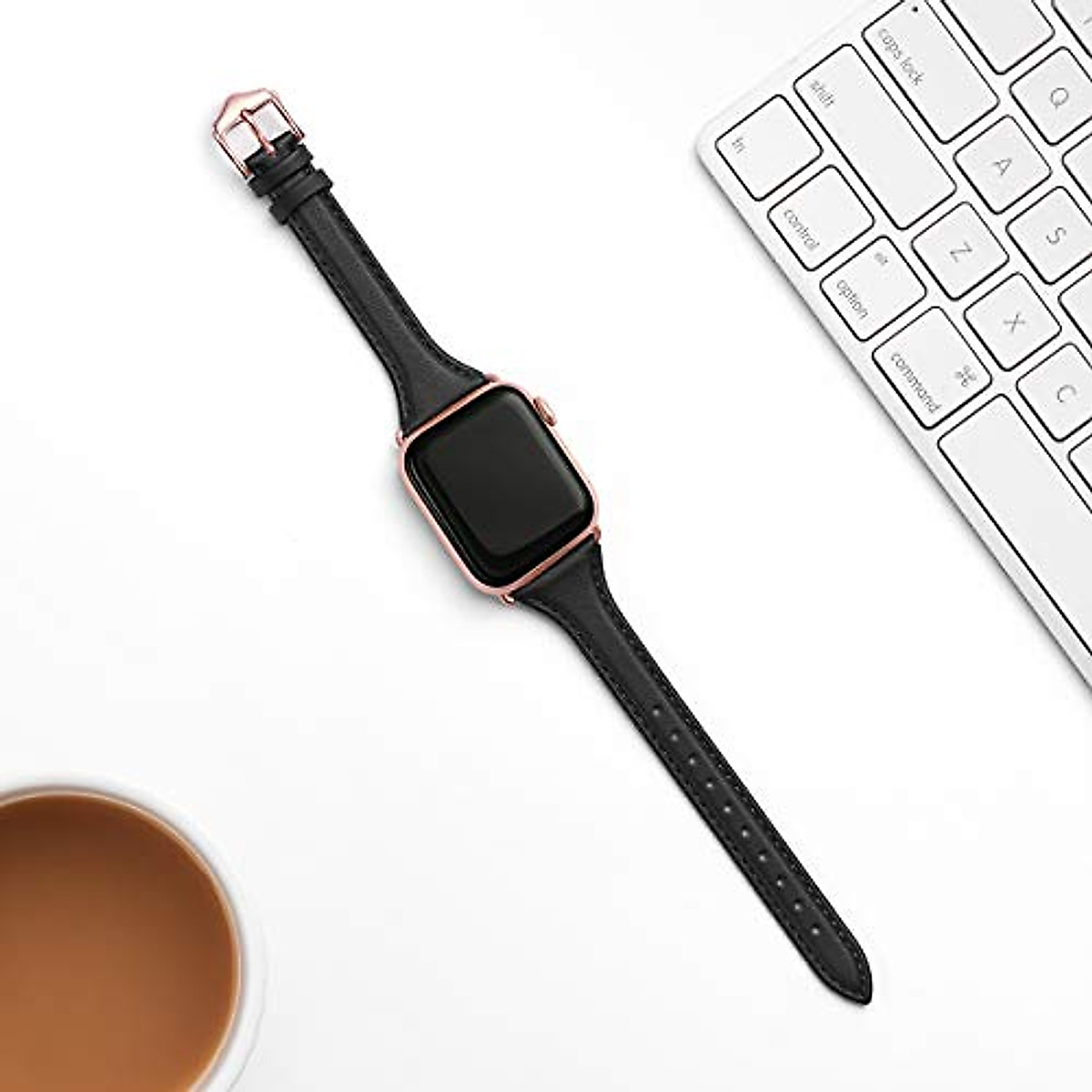 WFEAGL Leather Bands Compatible with Apple Watch Band 38mm 40mm 41mm Women, Top Grain Leather Strap Slim & Thin Replacement Wristband for iWatch Ultra SE & Series 8 7 6 5 4 3 2 1 (Black/RoseGold)